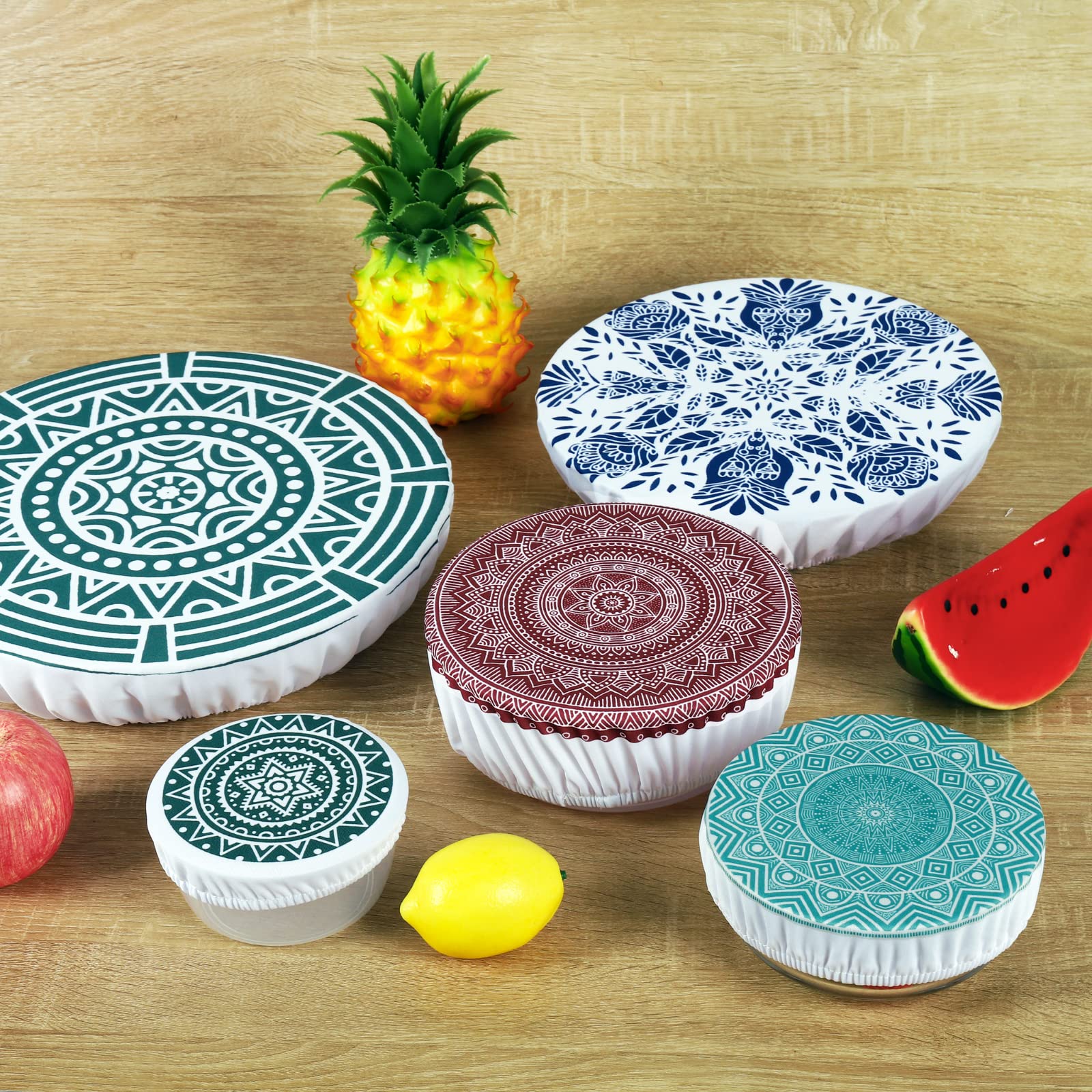 10Pcs Reusable Bowl Covers In 5 Size, Stretch Cloth Fabric Dish Cover Kitchen Storage Containers Lids for Fruits Food Leftover Dough Bread Proofing
