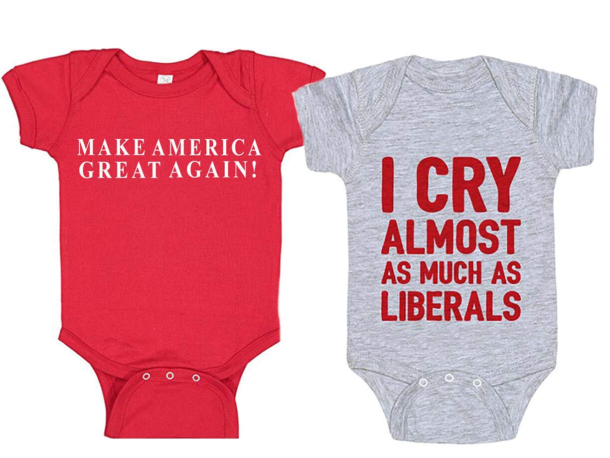 Make American Great Again Baby Romper and Free I Cry Almost As Much As Liberals (Red and Grey) (6 Month)