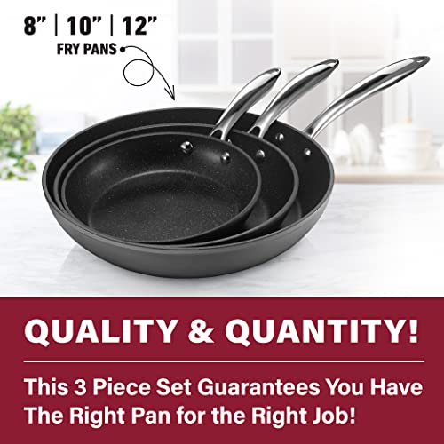 Granitestone Pro Hard Anodized Set | Skillet 8β, 10β & 12β Cookware, 100% PFOA Free, Oven, Dishwasher & Metal Utensil Safe, Ultra Nonstick Frying Pans, 3 Piece, Black (Stainless Handles)