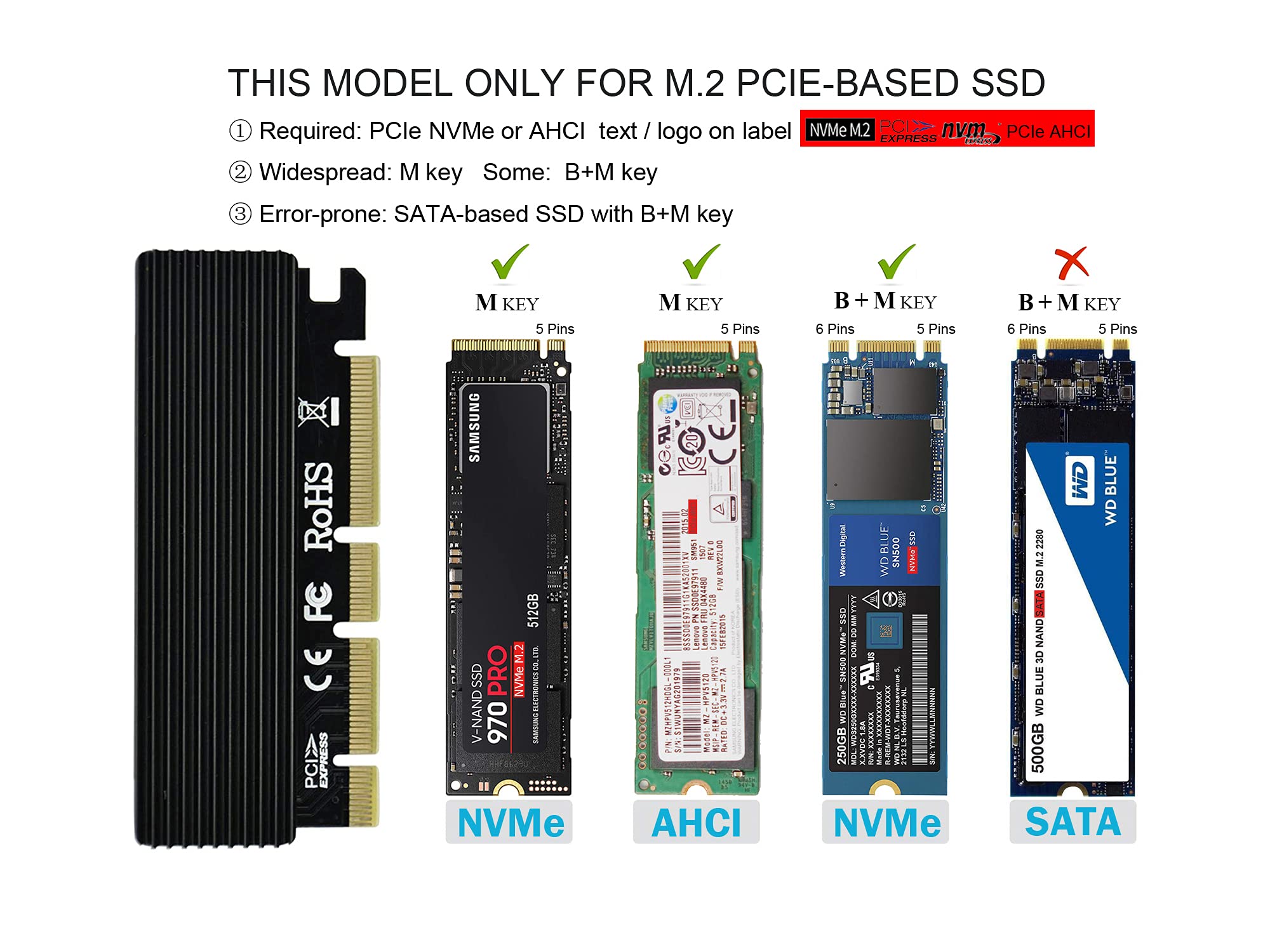 A ADWITS PCI Express 3.0 x16 to PCIe-based NVMe and AHCI SSD Adapter Card with Heat Sink, Fits M.2 (NGFF) Form Factor with Key M in Size 2230/2242/2260/2280