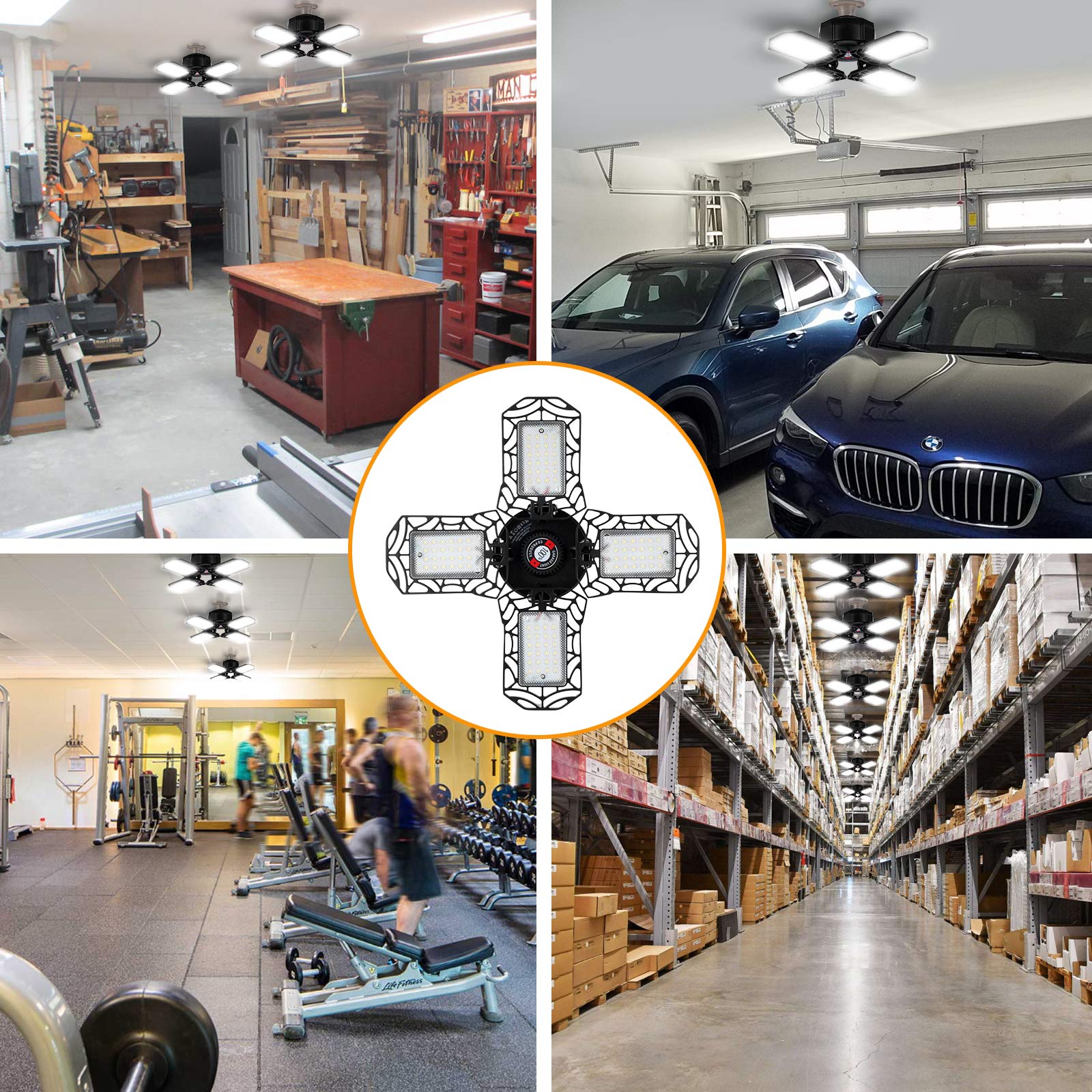 100W LED Garage Light, 10000 Lumens Deformable Garage Ceiling Lights with 4 Adjustable Panels, 6000K Garage Lights for Warehouse, Basement, Workshop (2 Pack)