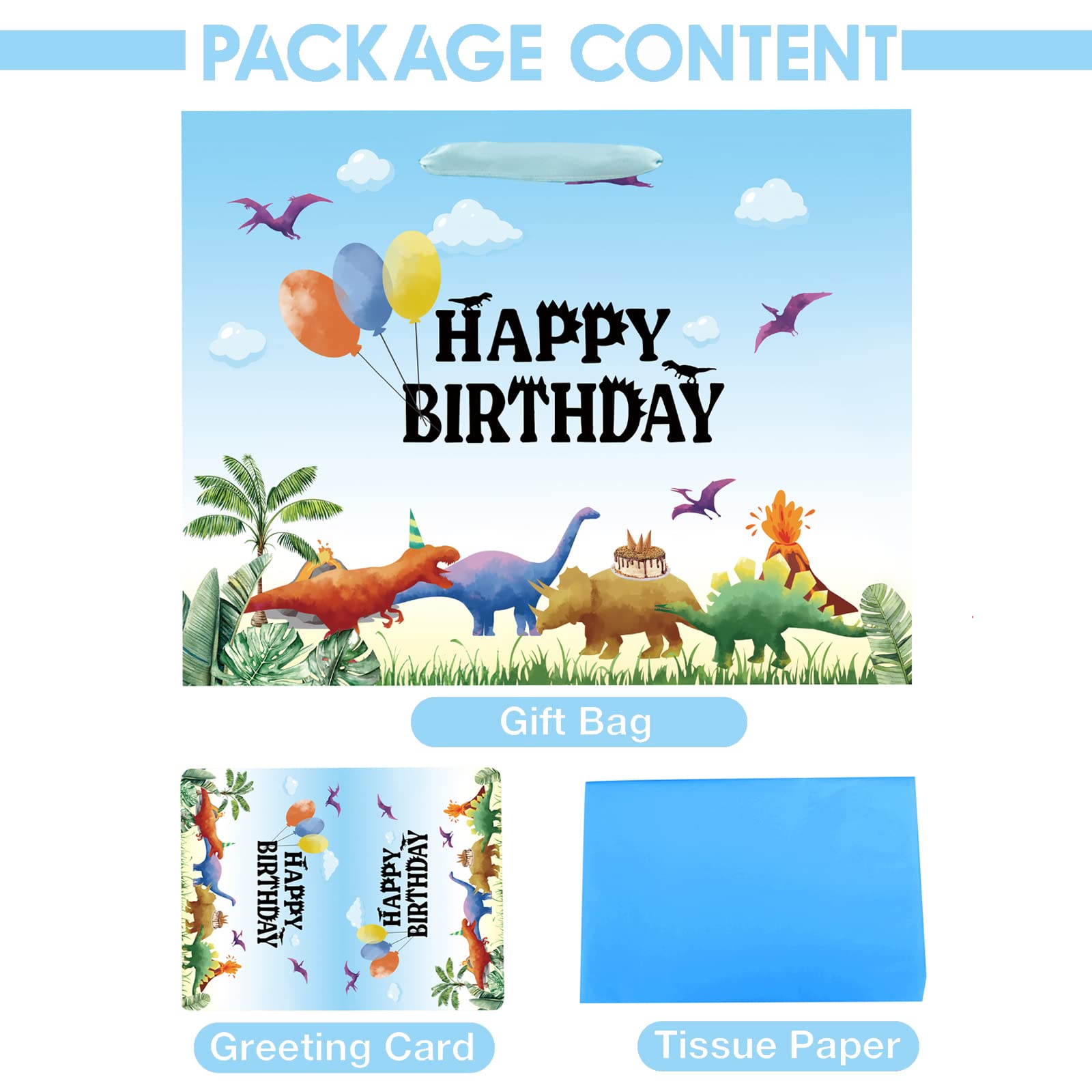 13" Large Watercolor Dinosaur Birthday Gift Bag for Boy Kids with Card and Tissue Papers