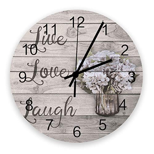 BABE MAPS Live Love Laugh Wooden Round Wall Clock 12 Inch Silent Non-Ticking Battery Operated Wall Clocks Wall Decor for The Kitchen, Living Room Vintage Hydrangea Flowers on Wooden Plank
