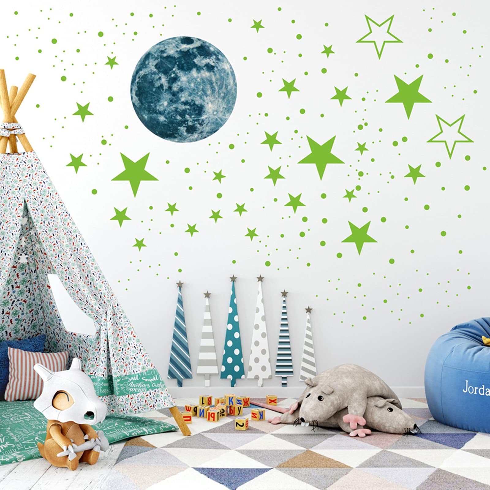 Sursarbelor Luminous Φ30cm Big Moon and Stars Dots Wall Stickers, 435 Pieces Glow in The Dark Stickers, Wall Ceiling Sticker Decals for Home Party Kids Room Decorations