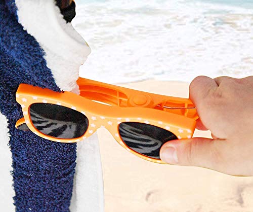 HNDtek Themed Beach Towel Clips, Pool Towel Accessory, Portable Heavy-Duty Plastic Clamps, (Set of 2) 2 Set per Order, Orange Sunglasses