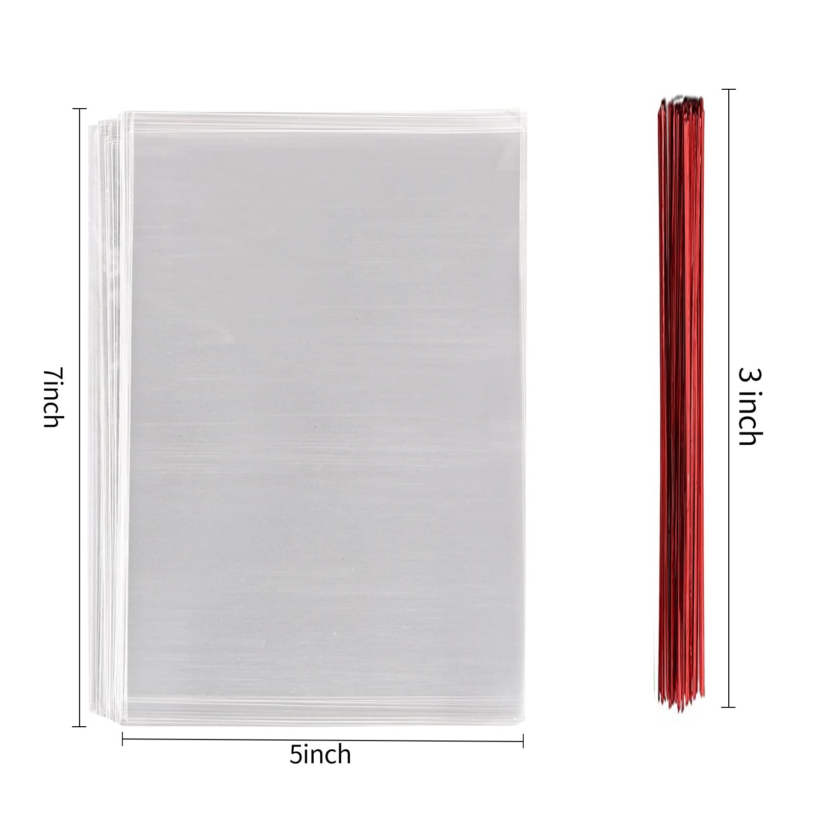 100 Pcs 7 in x 5 in(1.4mil.) Clear Flat Cello Cellophane Treat Bags Good for Bakery, Cookies, Candies,Dessert with random color Twist Ties!