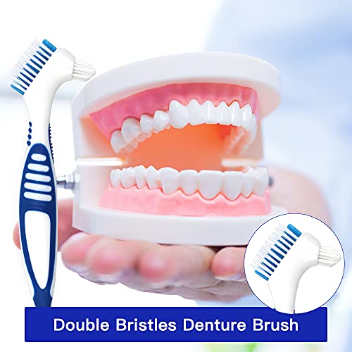 2 Packs Denture Bath Cases and 2 Packs Denture Brushes kit, Portable Professional Denture Cups Denture Boxes Dentures Container with Removable Basket for Home Use (Blue, Green)