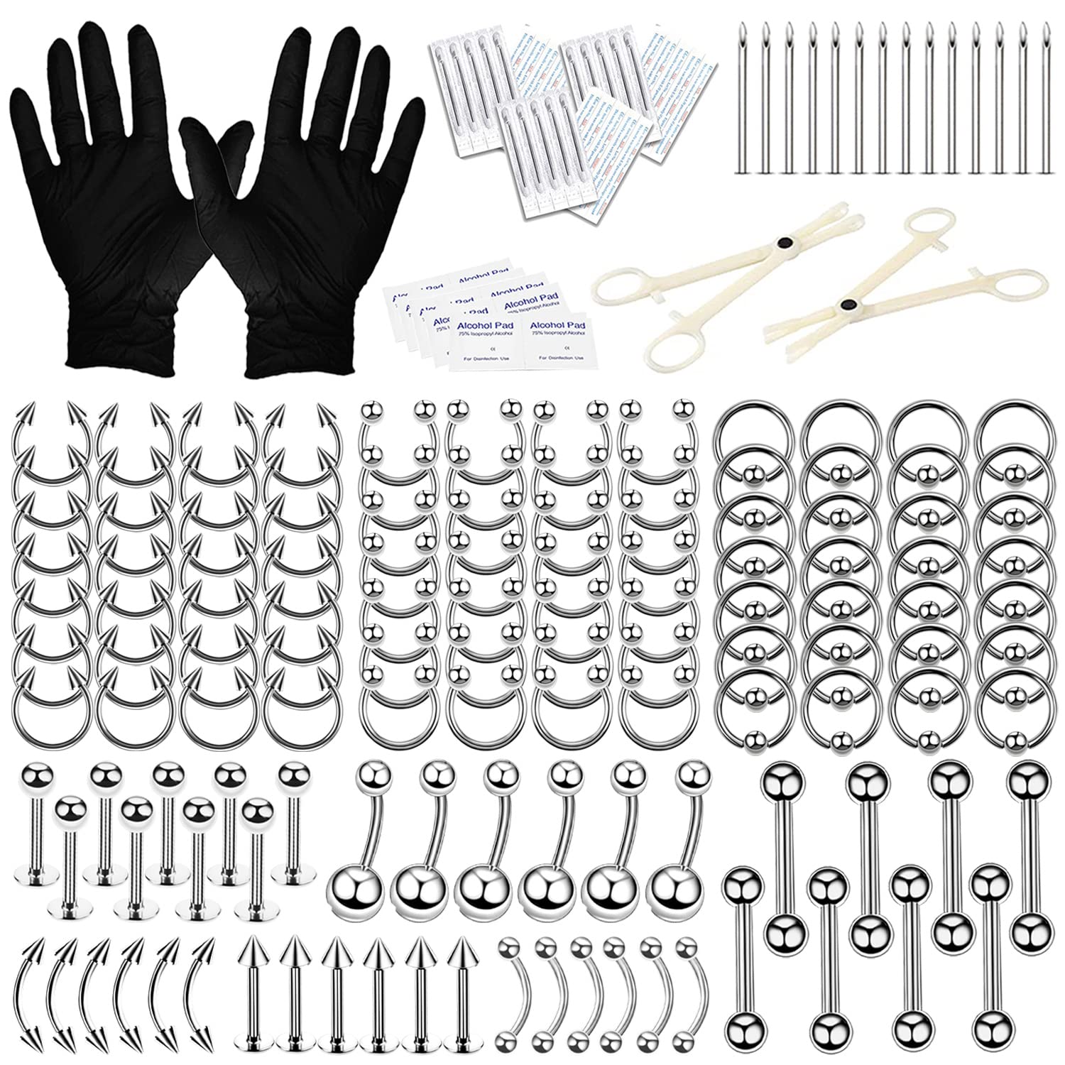 175 Pieces 14G and 16G Body Piercing Jewelry Starter Kit w Piercing Needles and 25 Pc Retainer Bonus