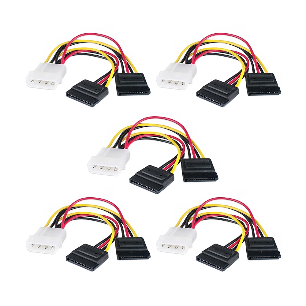 Acxico 5Pcs IDE/Molex/IP4/4-pin to 2X SATA Power 15-pin Converter Adapter Cable