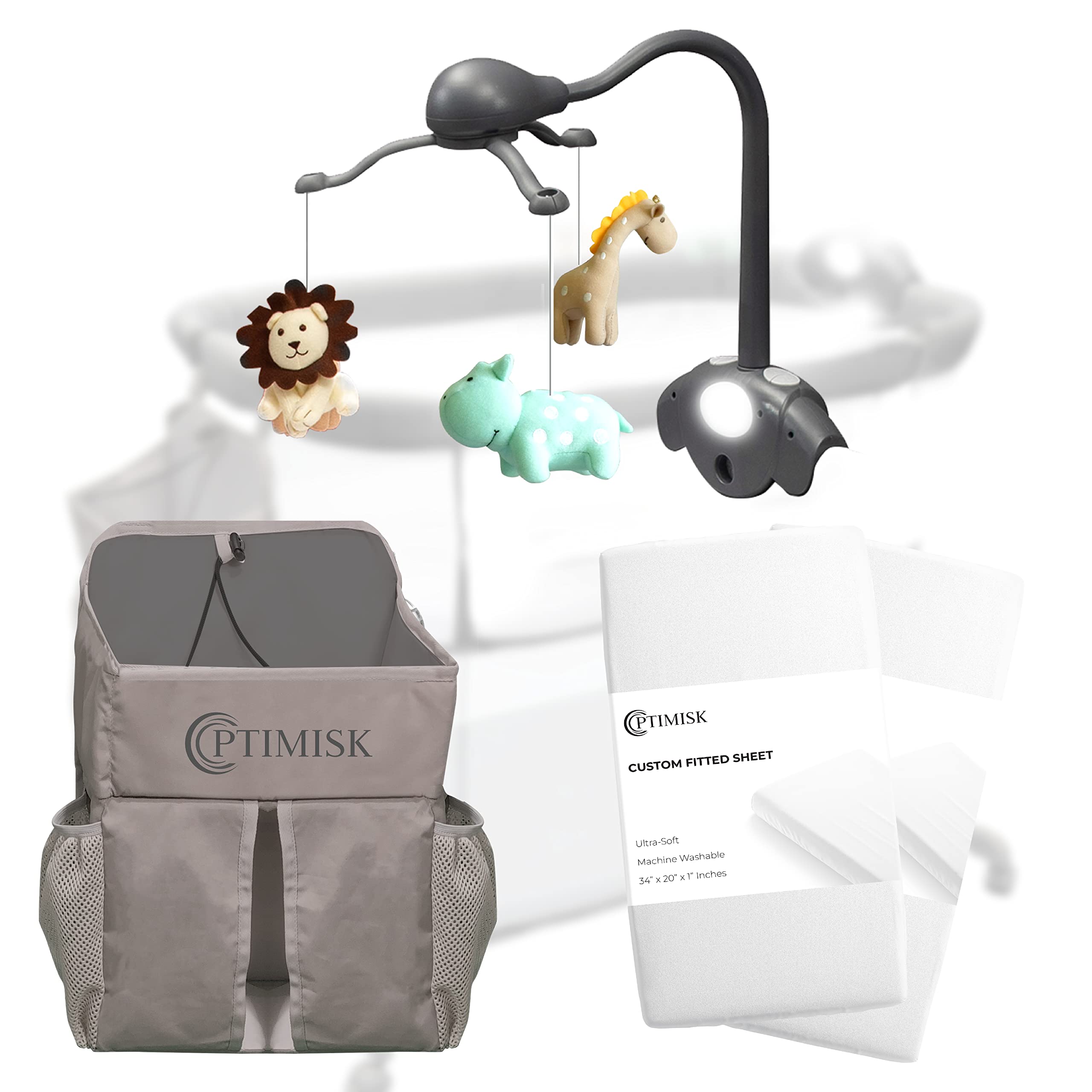 Accessory Bundle Including a Gray Baby Crib Mobile, Large Diaper Caddy, and 2 Mattress Sheets for Your Baby boy or Girl Bassinet