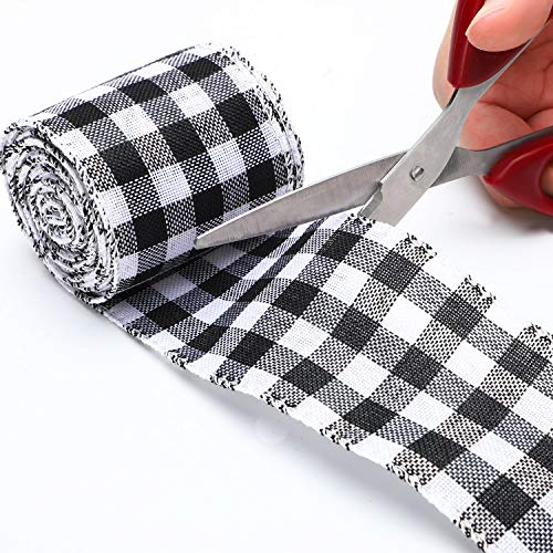 2 Rolls Wired Edge Ribbons Buffalo Plaid Burlap Ribbon Farmhouse DIY Gift Wrapping Crafts for Christmas Bow Wreath Tree Decoration (White Black Plaid, 2.5 Inch Wide, 472 Inch)