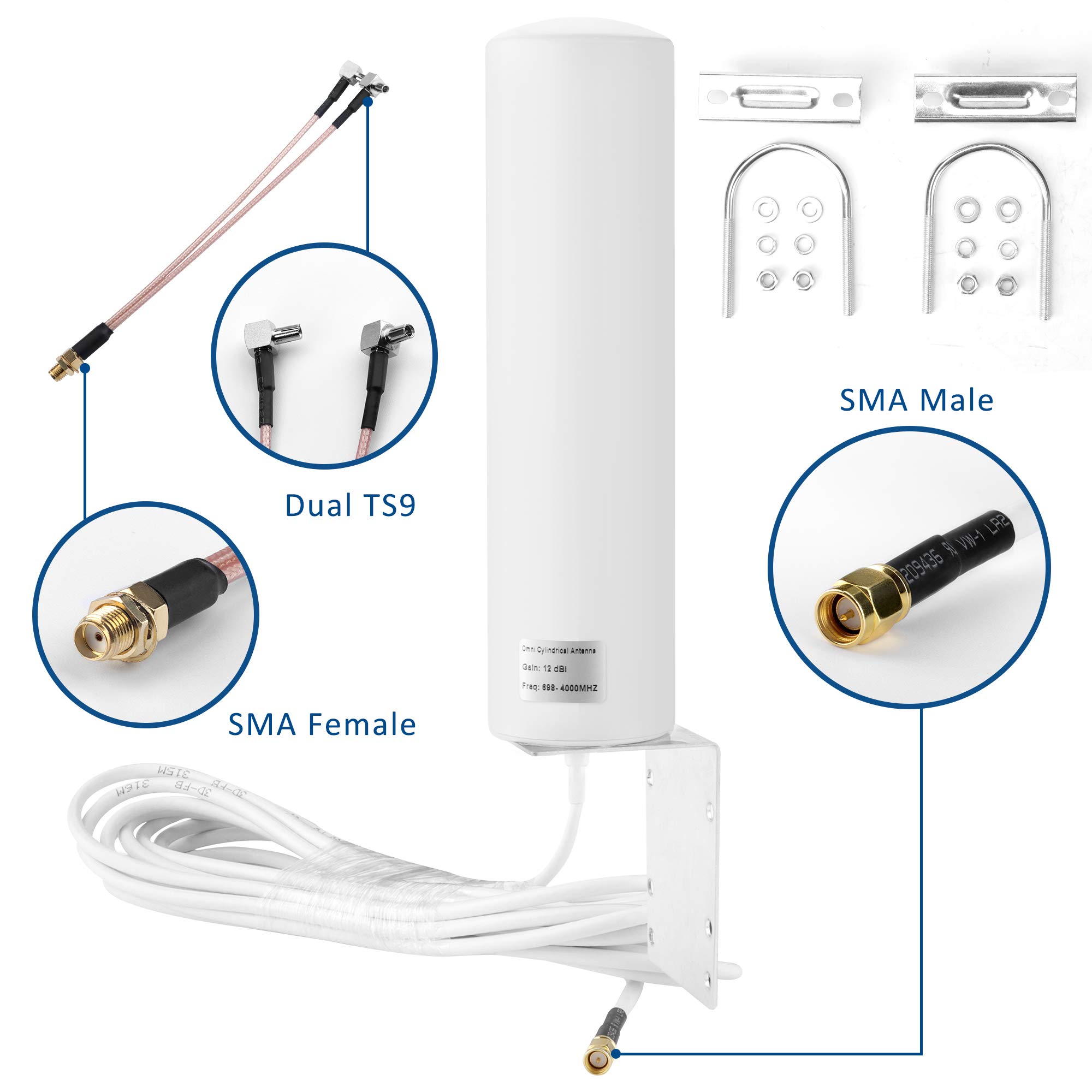ZDTECH High Gain 10-12dBi Omni Directional Outdoor Pole/Wall Mount Antenna With SMA Male/Dual TS9 3G/4G/LTE/5G for Verizon, AT&T, Sprint Mobile Hotpots Router MiFi Mobile Hotspot Router (698-4000 MHz)