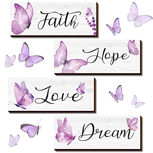 4 Pieces Faith Hope Love Dream Wall Decor Elegant Spring Butterfly Wooden Hanging Decoration Art Butterfly Room Wall Rustic Living Room Accessories for Girls Bedroom Decor (Purple, 10 x 4 x 0.2 Inch)