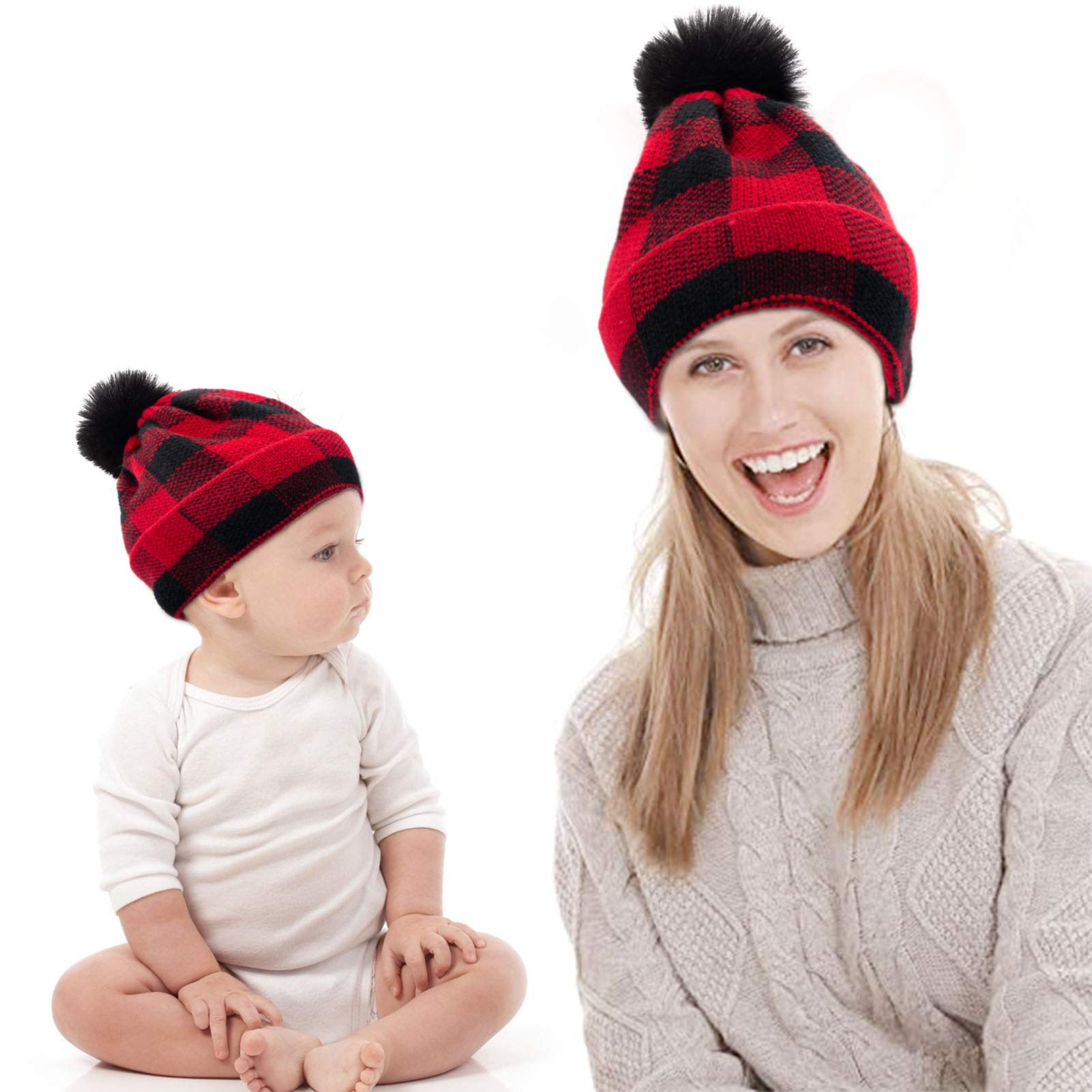 2 Pcs Parent-Child Hats with Pom Pom - Knitted Mom and Baby Matching Outfits Winter Warm Beanie Hats Soft Crochet Caps for Women Kids Christmas Red