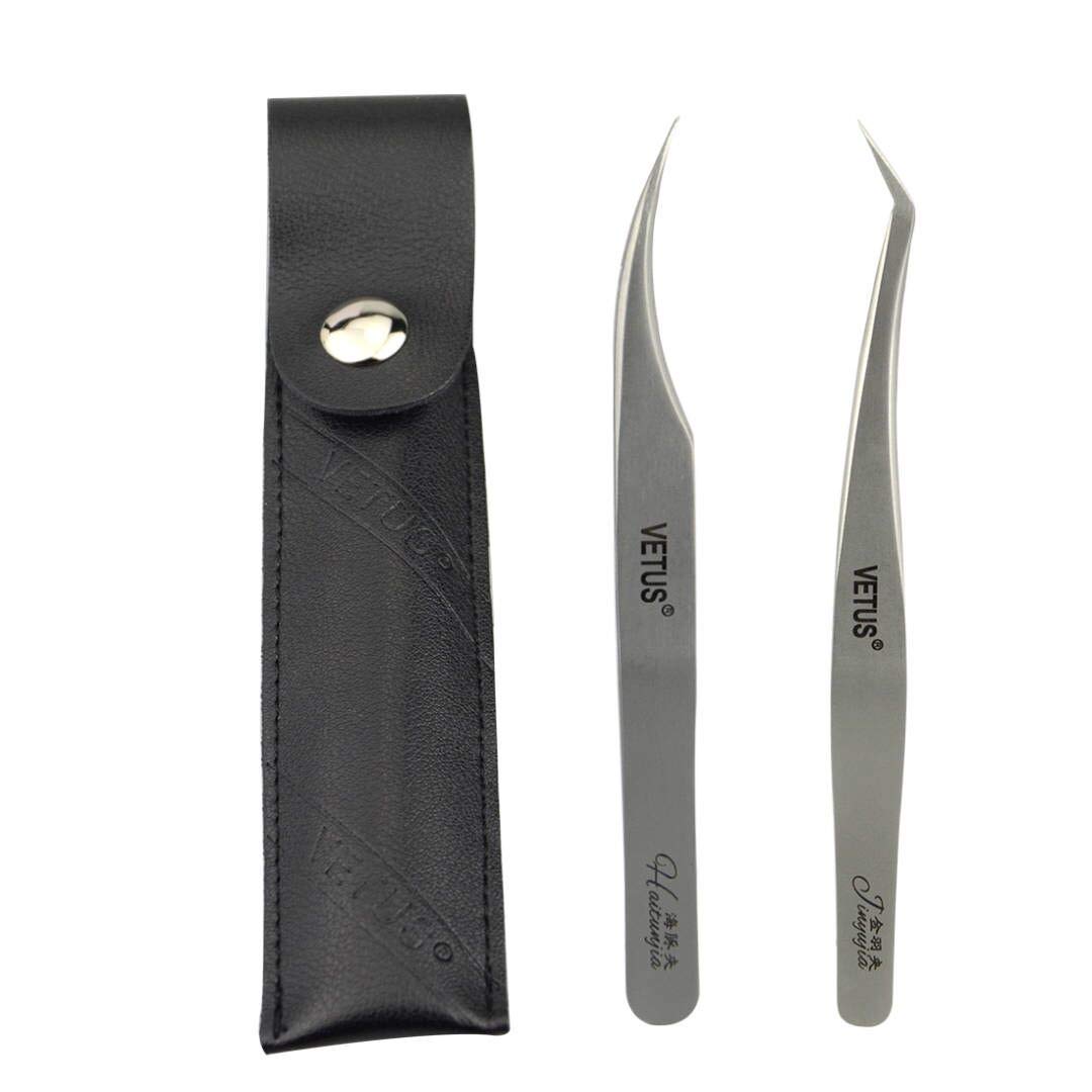 2 Pcs VETUS Eyelash Extension Tweezers Dolphin-shaped and Curved Tip Tweezers Professional Volume & Classic Tweezers Set with Black Leather Sheath(Jinyujia&Haitunjia)