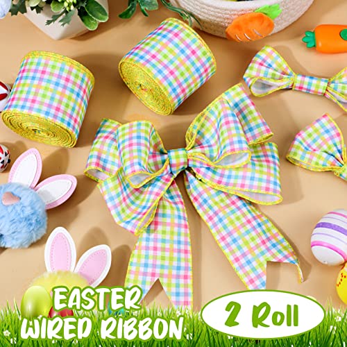 2 Roll 20 Yard Easter Spring Pastel Wired Ribbon, Gingham Ribbon Pink Blue Yellow Green Ribbon Spring Wired Ribbon for Wreaths Plaid Fabric Ribbons for Baby Shower Craft Decor (2.5 Inch)