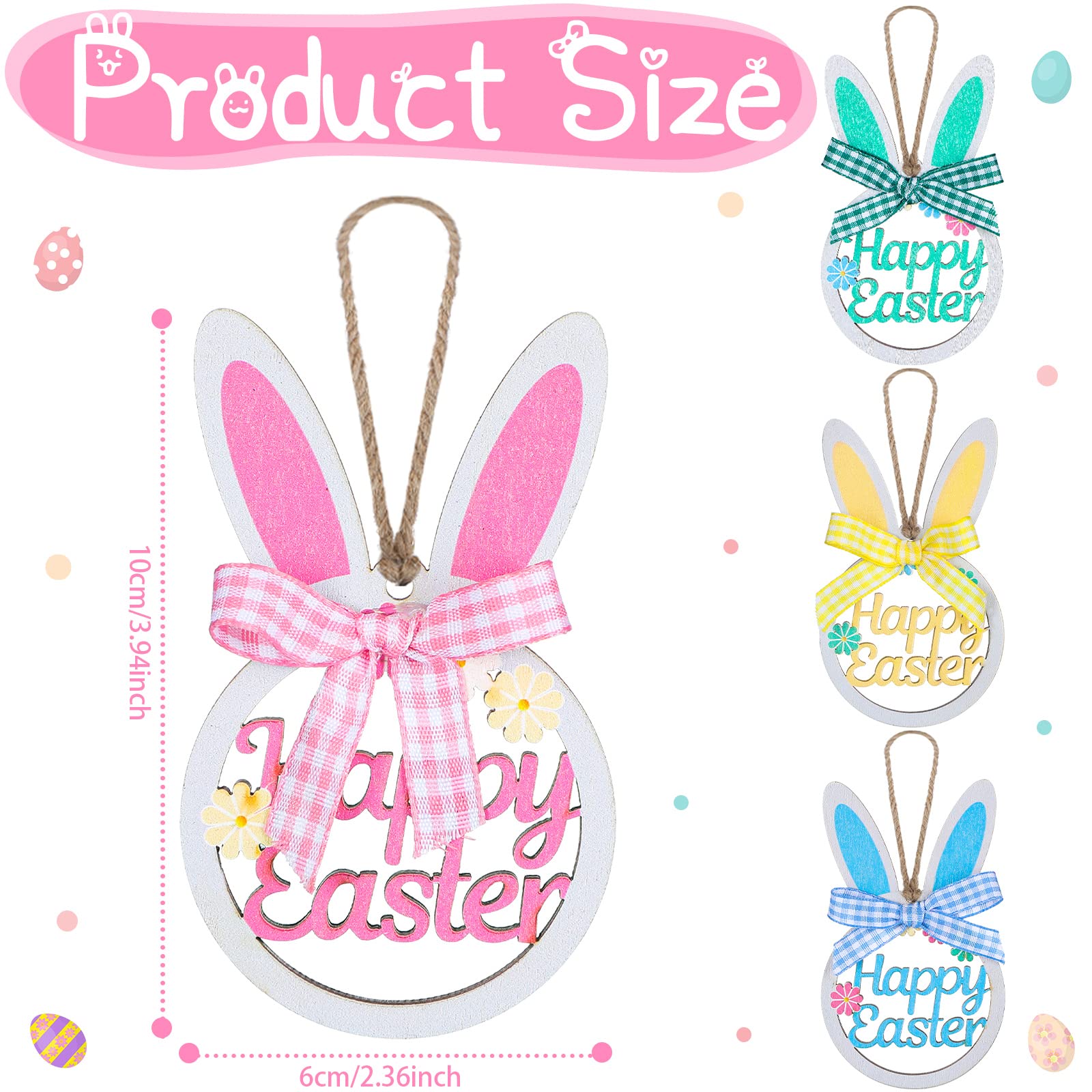16 Pieces Easter Rabbit Tree Ornament Wooden Hanging Bunny Ornaments with Plaid Bow and Rope Wood Hollowed Out Easter Ornaments Cute Spring Hanging Decorative for Home Garden Decor (Bunny Ears Style)