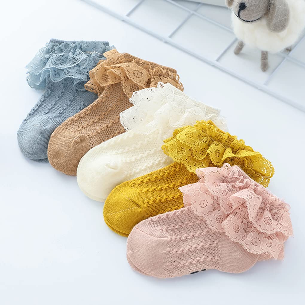 Adeimoo Princess Newborn Baby Girls Socks Lace Ruffle Frilly Ankle Dress Sock for Infants Toddler (5 Pack, 6-12 Months)