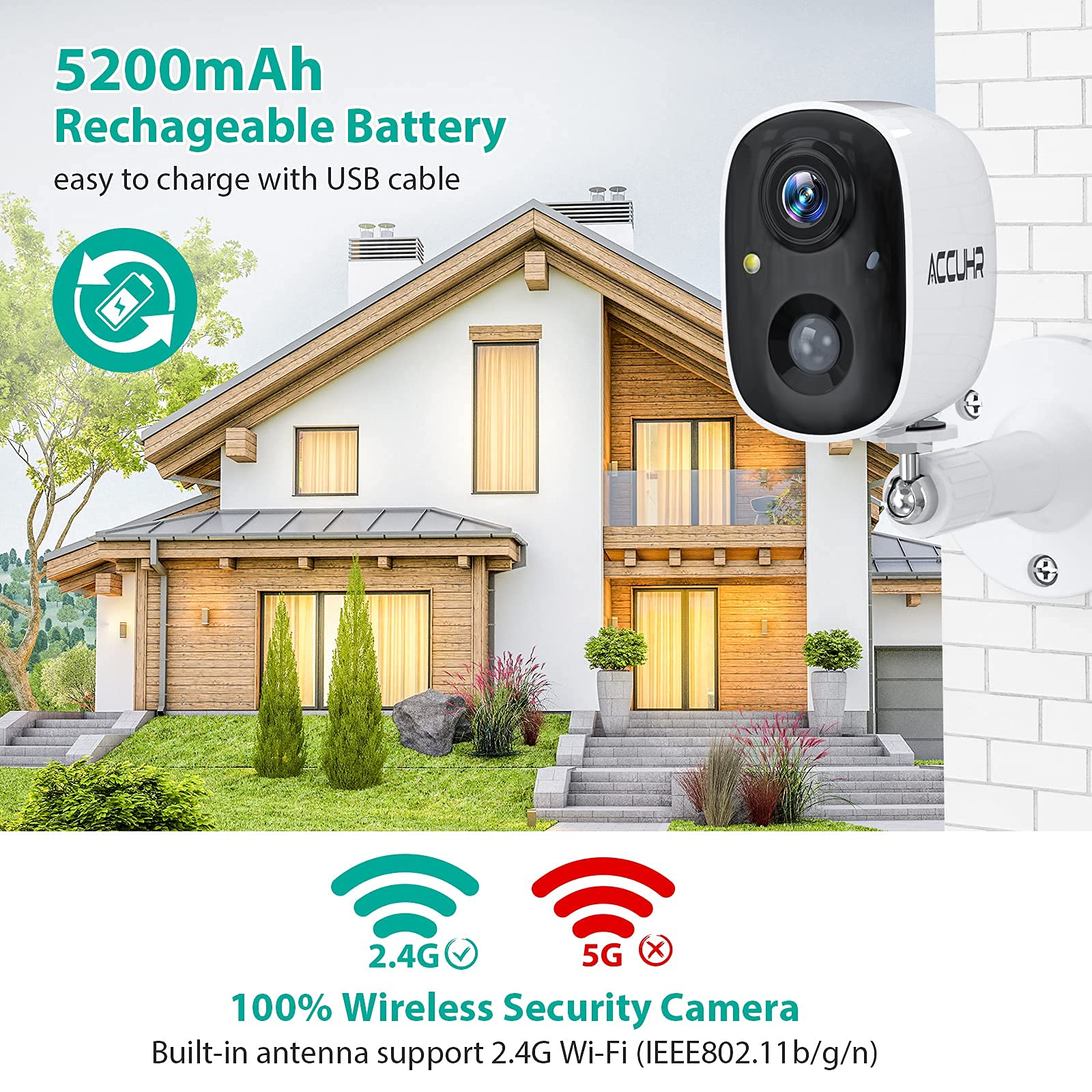 ACCUHR Outdoor Wireless Security Camera System,1080P WiFi Home Surveillance Camera 2-Way Audio, Full Color Night Vision, PIR Motion Detection, Siren Alarm