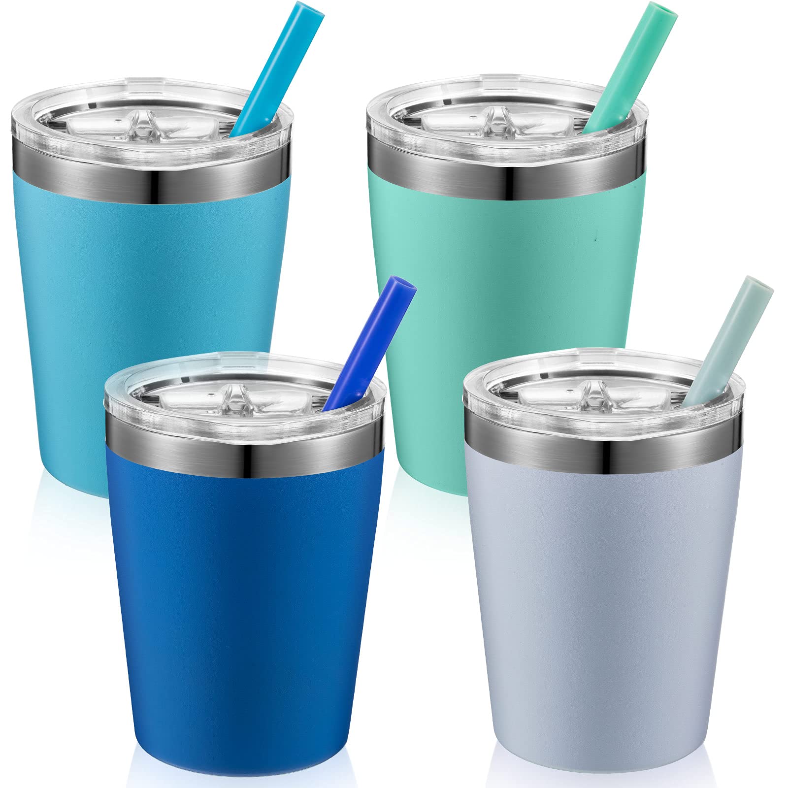 4 Set Toddler Cups with Straws and Lids Stainless Steel Kids Cups Insulated Kids Cups Spill Proof Double Wall Vacuum Kid Tumbler Cups for Boys Girls Sippy Drinking 8 oz (Blue, Gray, Sky Blue, Green)