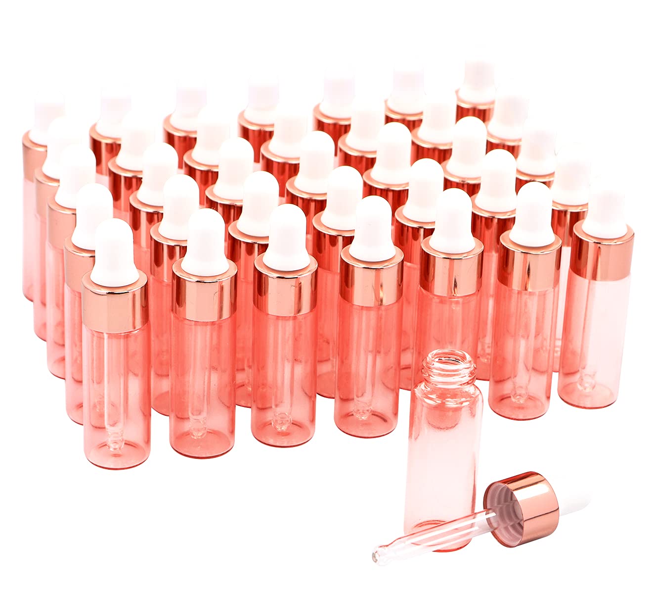 USRommaner 35 Pack,5ml Pink Glass Essential Oil Sample Dropper Bottle,Empty Glass Dropper Vials With Rose-Gold Cap,Glass Pipette Liquid Travel Perfume Holder jar Container-Pipette,Funnel,included