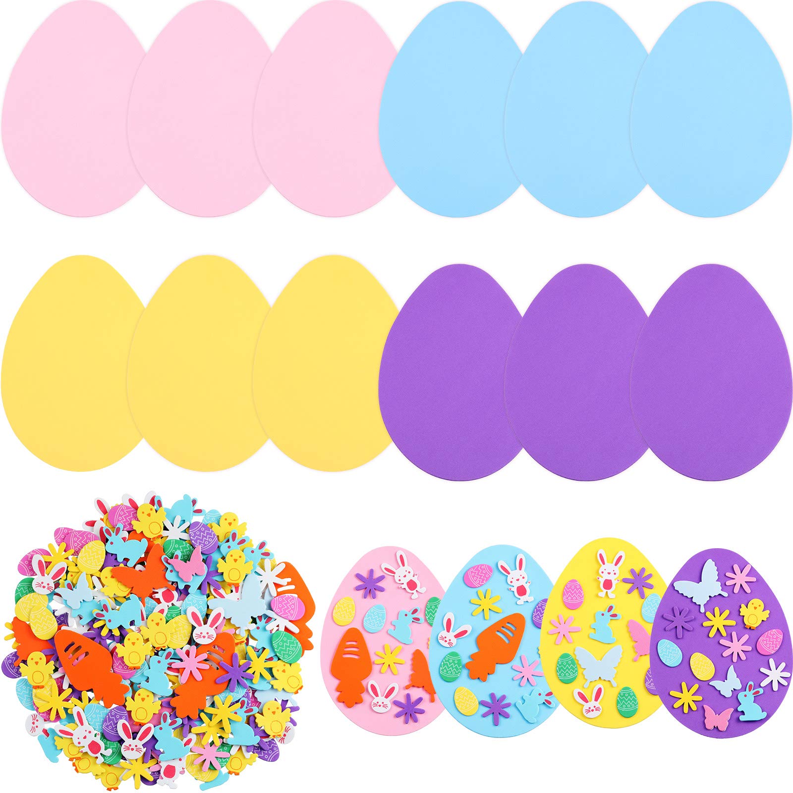 12 Pieces DIY Easter Foam Stickers Self-Adhesive Big Easter Egg Stickers and 300 Pieces Bunnies Chicks Flower Shaped Stickers for Kids Crafts Arts Party Supplies