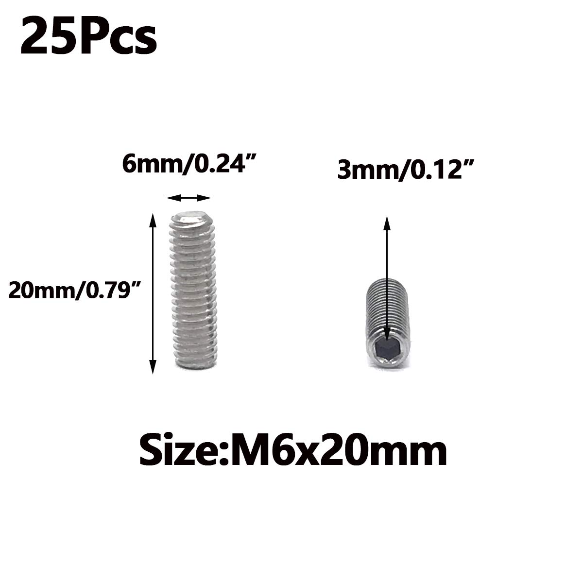25pcs M6x20mm Stainless Steel Hex Socket Set Cap Point Grub Screws