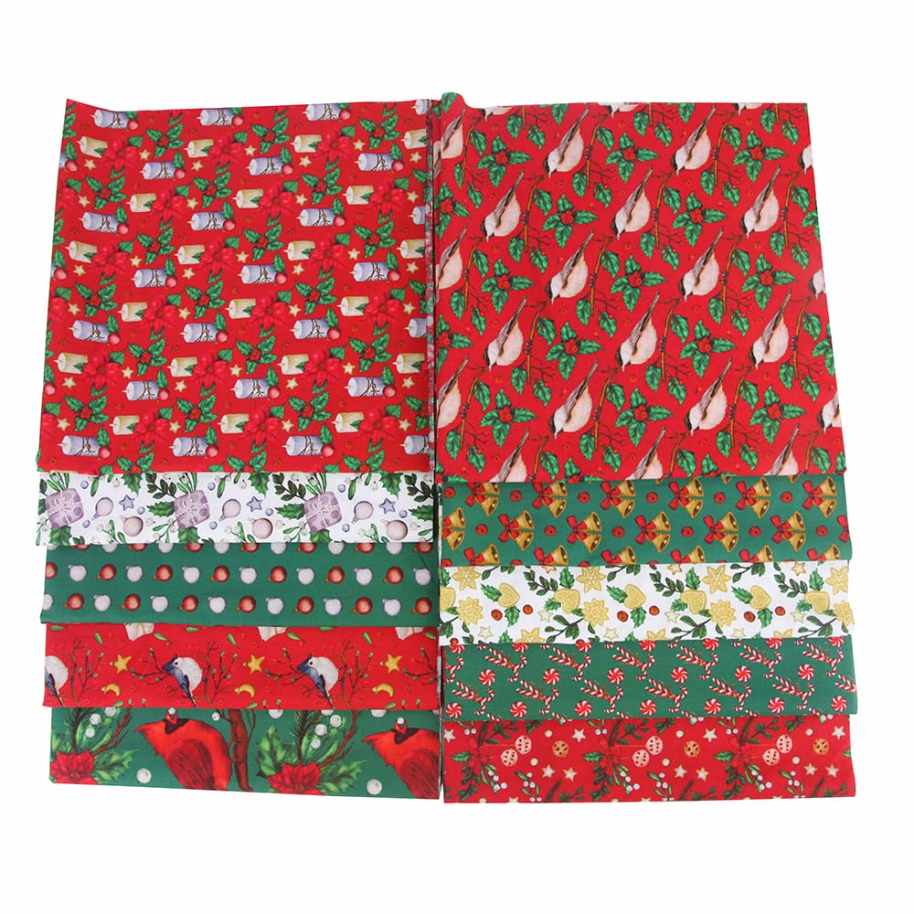 10PCS Christmas Cotton Fabric Bundles 10" x 10" Printed Pre-Cut Squares Sheets Fabric for Patchwork Sewing DIY Crafting Quilting Fabric