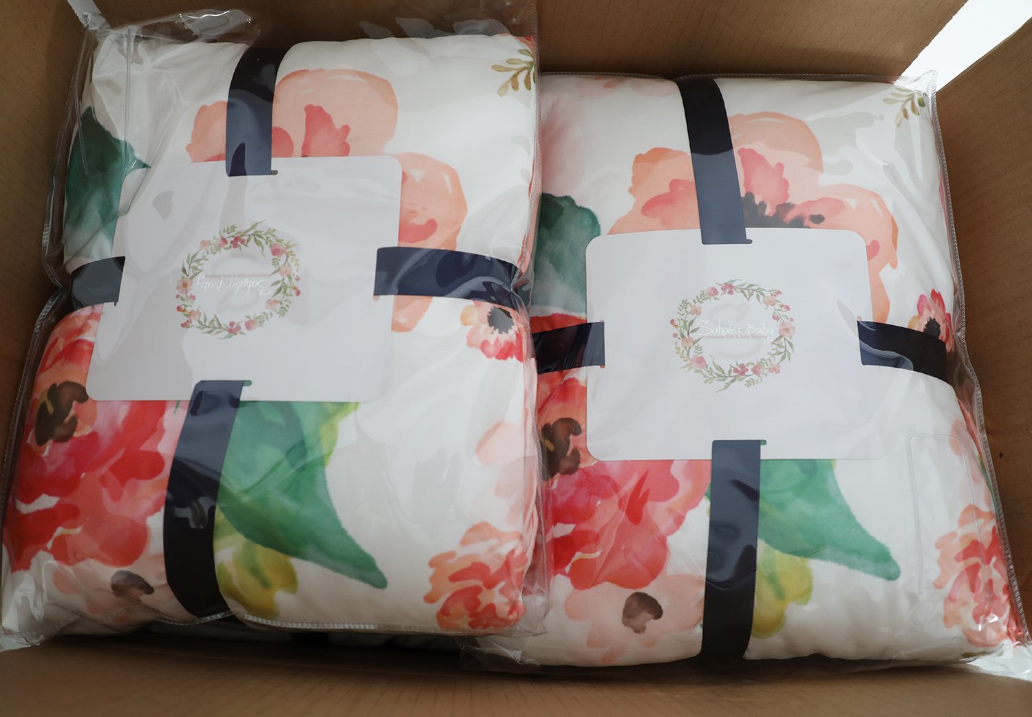 3 pcs Set Boho Floral Ruffle Baby Minky Blanket, Peach Floral Nursery Crib Skirt Set Baby Girl Crib Bedding (Coral)
