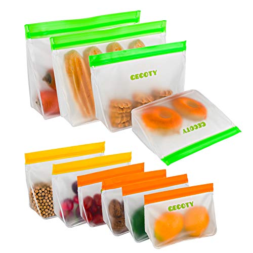 Reusable Storage Bags,GECOTY Upgraded [10-Pack] Reusable Food Bags BPA-free,Stand up Freezer Bags,Leak-proof Sandwich Bags Snack Bags for Picnic and Refrigerator Storage