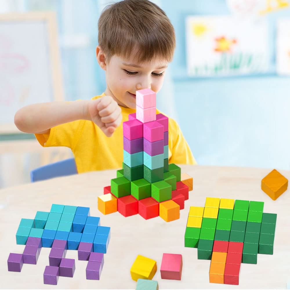 100Pcs Wooden Building Blocks Cube Blocks Rainbow Stacker Wood Blocks Stacking Blocks Game Montessori Toy with 43 Pattern Cards Wooden Base Plate and Storage Bag