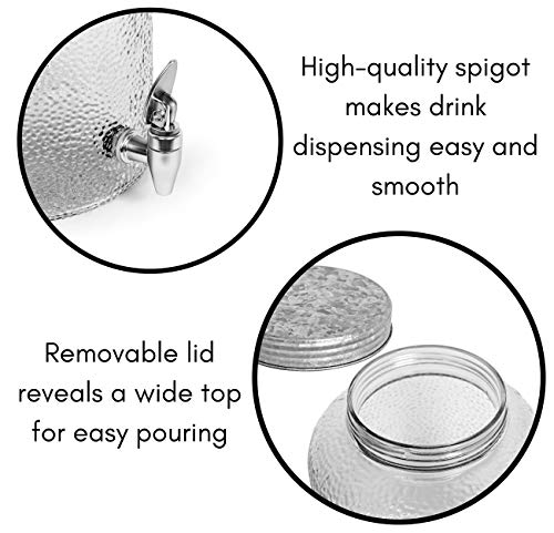 BirdRock Home 2.5 Gallon Pebbled Glass Beverage Dispenser with Galvanized Stand - Lid - Spigot - Decorative Round Jar for Drinks - Lemonade Sangria Tea Water Drink Jar Jug - Home Parties
