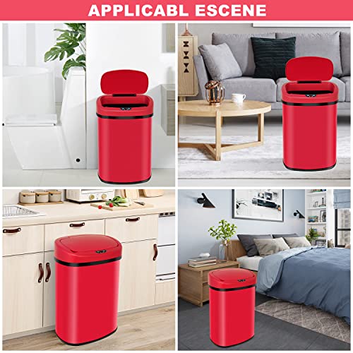 13 Gallon 50 Liter kitchen Trash Can with Touch-Free & Motion Sensor, Automatic Stainless-Steel Garbage Can, Anti-fingerprint Mute Designed Trash Bin Touchless Trash Can for Office Bedroom, Red