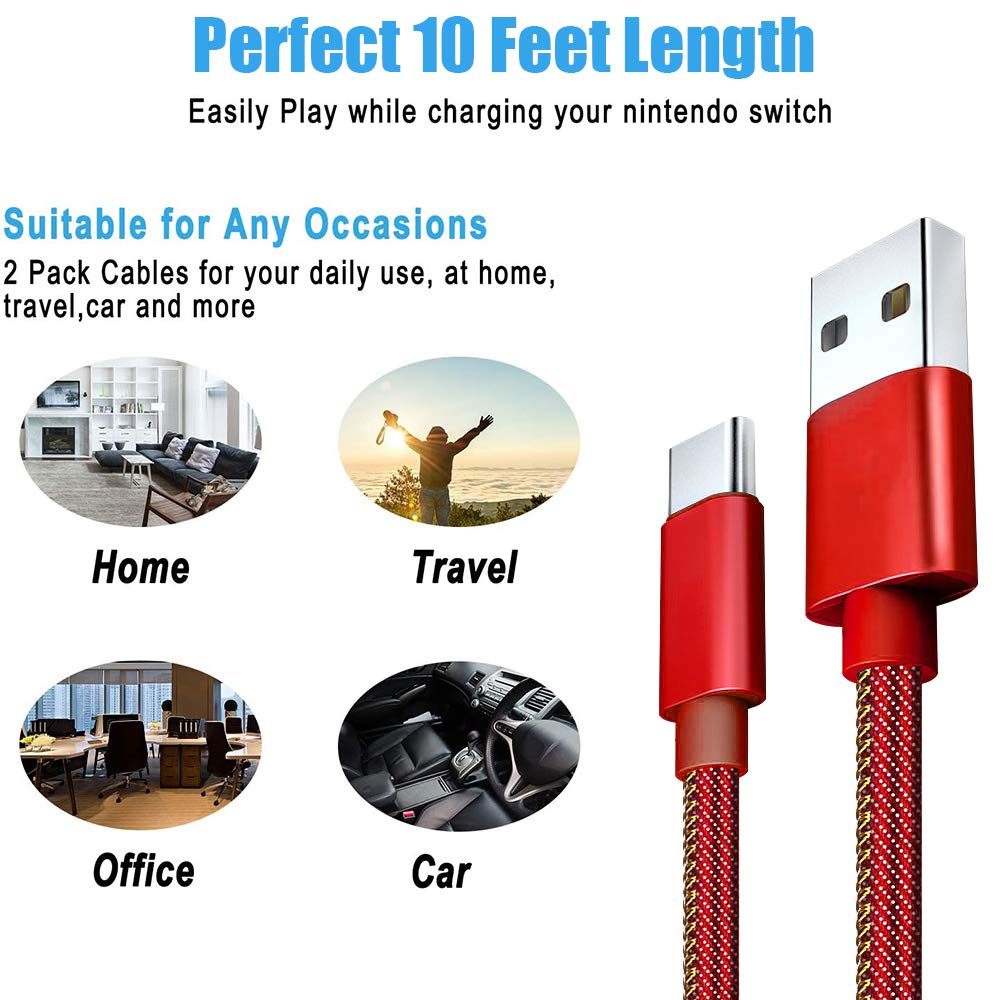 2 Pack 10Feet USB Type C Fast Charging Charger Cable Compatible with Nintendo Switch/Switch Lite, Xbox Series S/Series X Controller PS5 Controller Playstation 5 Charger USB Cable (Black+RED)