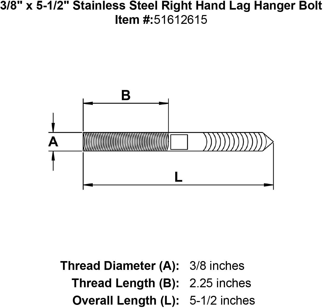 3/8" x 5-1/2" Stainless Steel Right Hand Lag Hanger Bolt