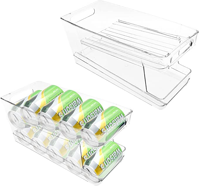 2 Tier Auto Rolling Soda Can Organizer for Refrigerator Freezer & Countertop Pantry Cabinets Beverage Dispenser Rack Clear BPA-FREE Plastic Stacking Container, Clear Transparent Plastic