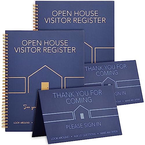 2 Pack Sign in Book for Open House Visitors, Guest Registry with 2 Pack Realtor Tent Cards for Real Estate Agent Supplies, Home Sale Business (Navy Blue, 8.5x11)