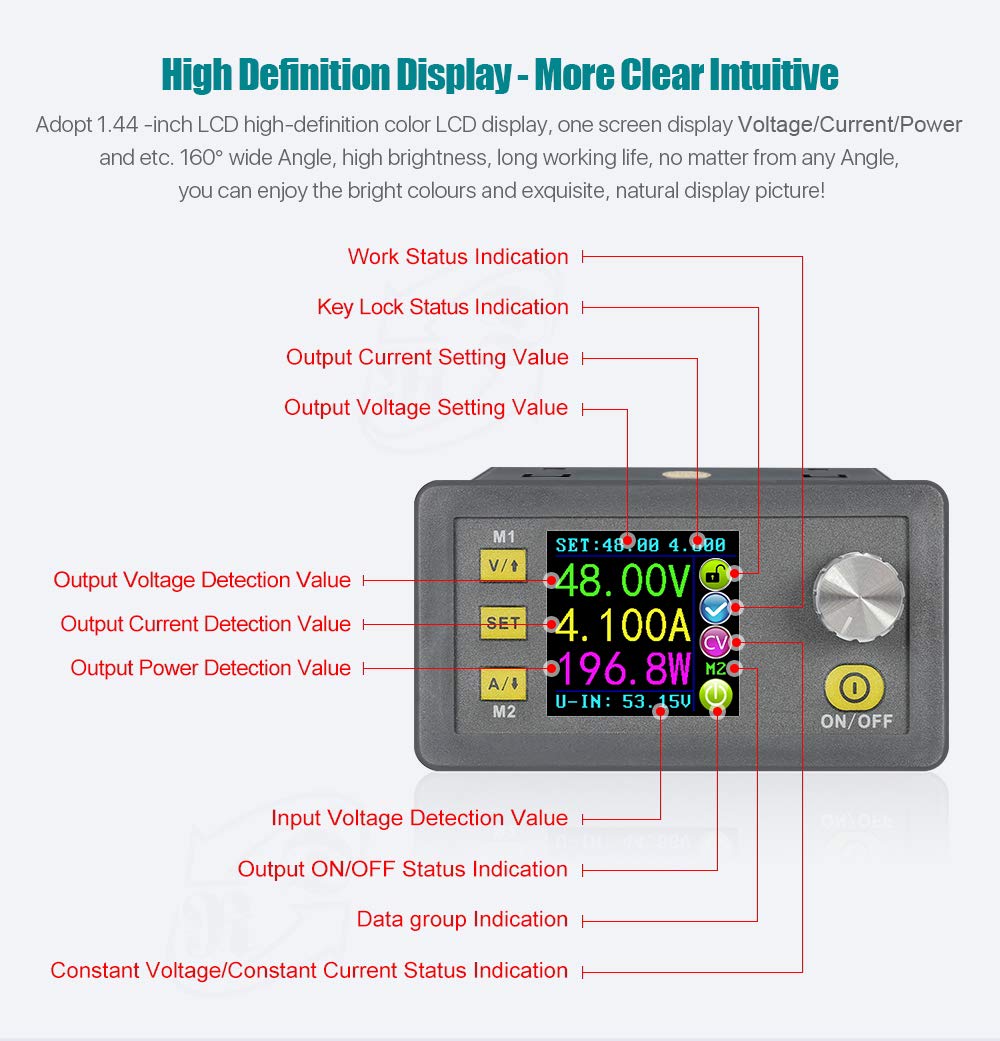 RD DPS5005 USB DC 6-55V to 0-50V 5A Constant DC DC Voltage Current Step-down Power Supply Module Buck Voltage Converter Voltmeter communication(DPS5005-USB-BT)