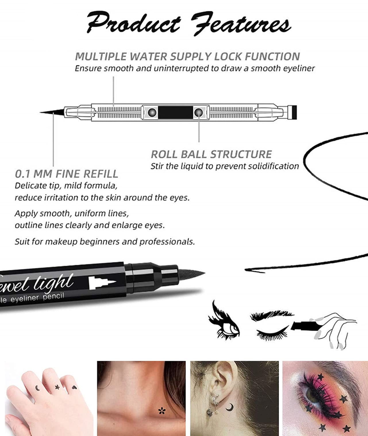 Go Ho 6 PCS Eyeliner Stamps,Double-sided Super Slim Gel Felt Tip High Black Eye Liner Pen,Waterproof Smudge-Proof Smooth Eyeliner Makeup Tools(6 Shapes)