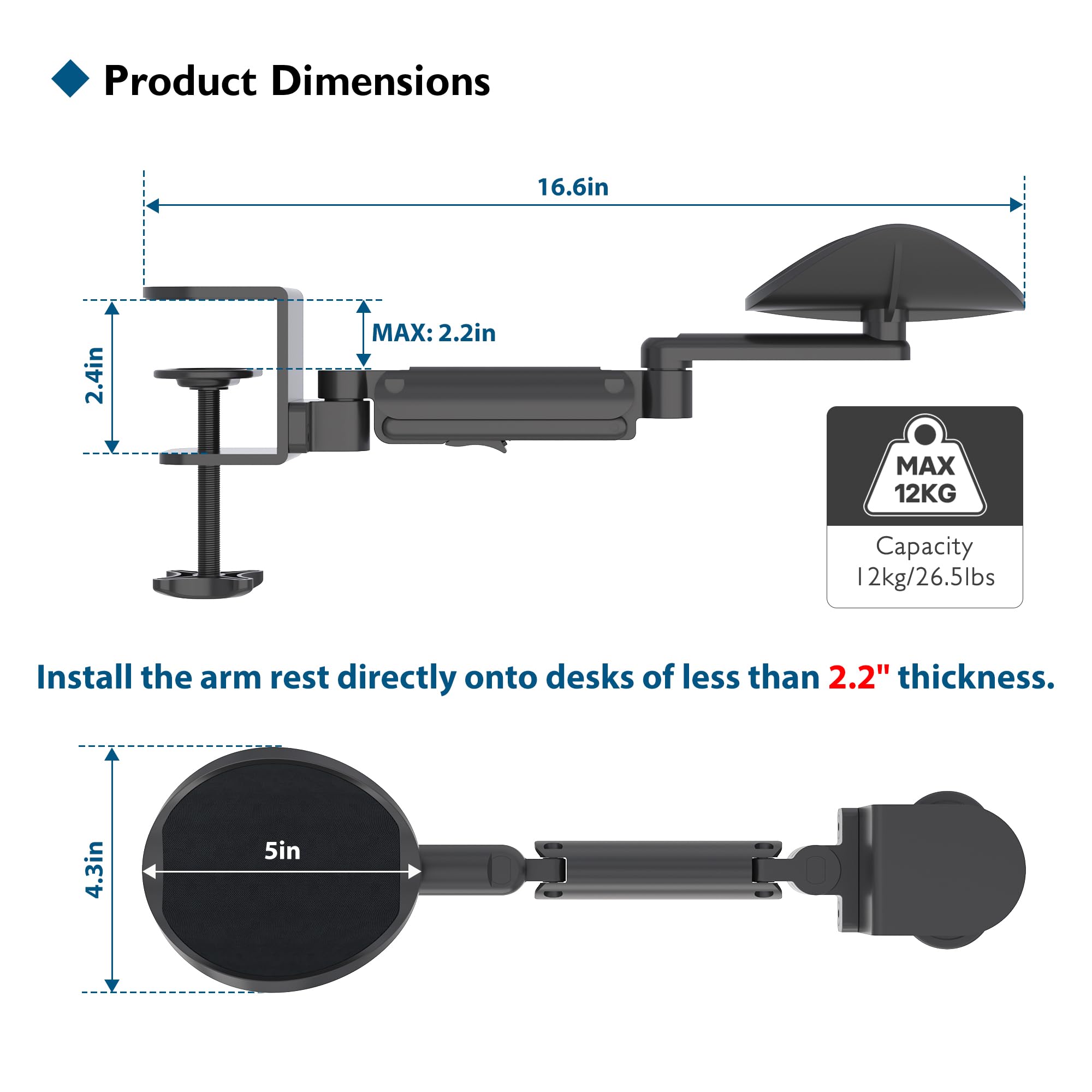 BONTEC Arm Rest Support Extender for Desk Armrest Pad Rotating Elbow Rest Holder (Black), Extendable & Adjustable, Aluminum Material