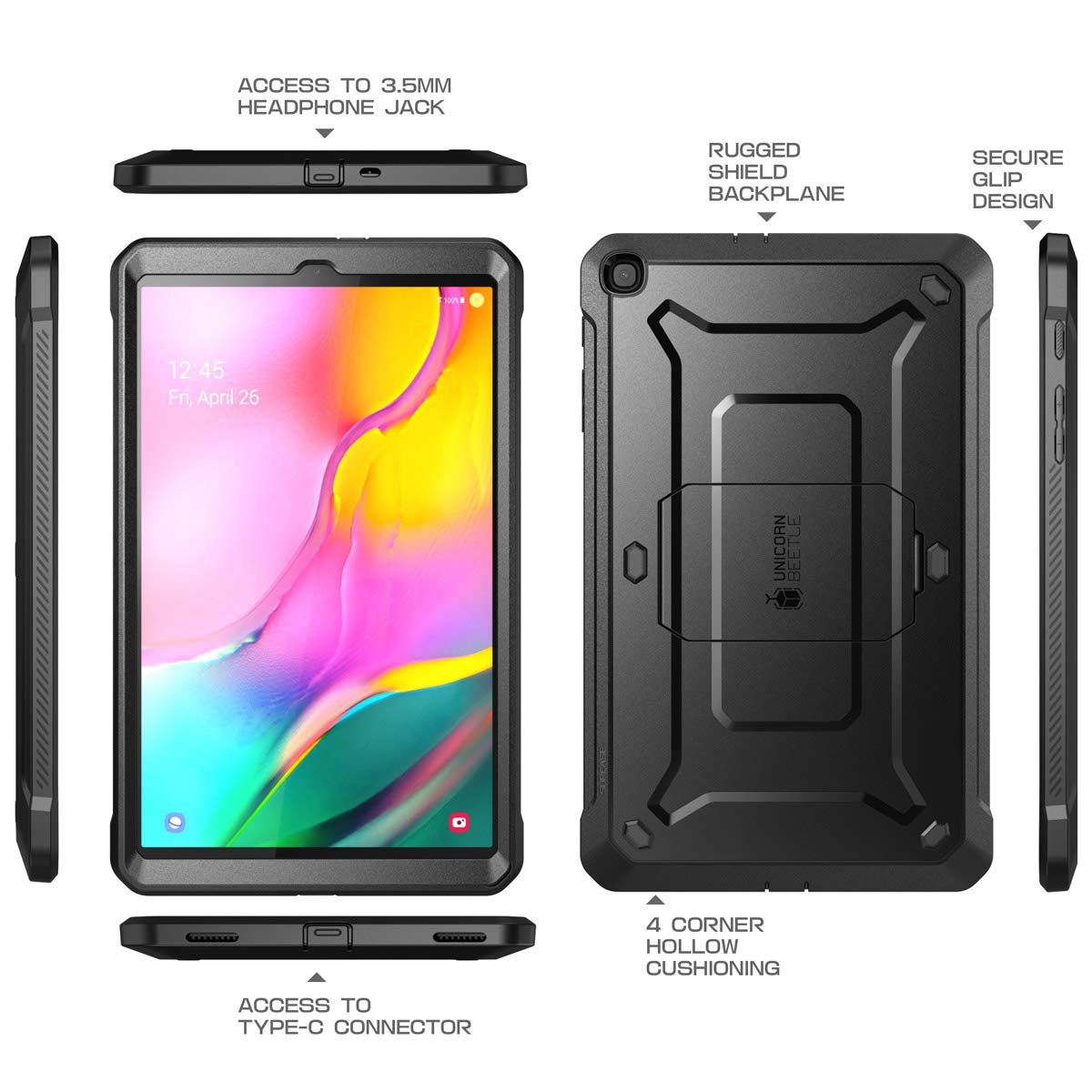 SUPCASE for Galaxy Tab A 10.1 Case with Screen Protector (Unicorn Beetle Pro), [Built-in Stand] Full-Body Rugged Heavy Duty Protective Tablet Cover for Samsung Galaxy Tab A 10.1 (2019), Black