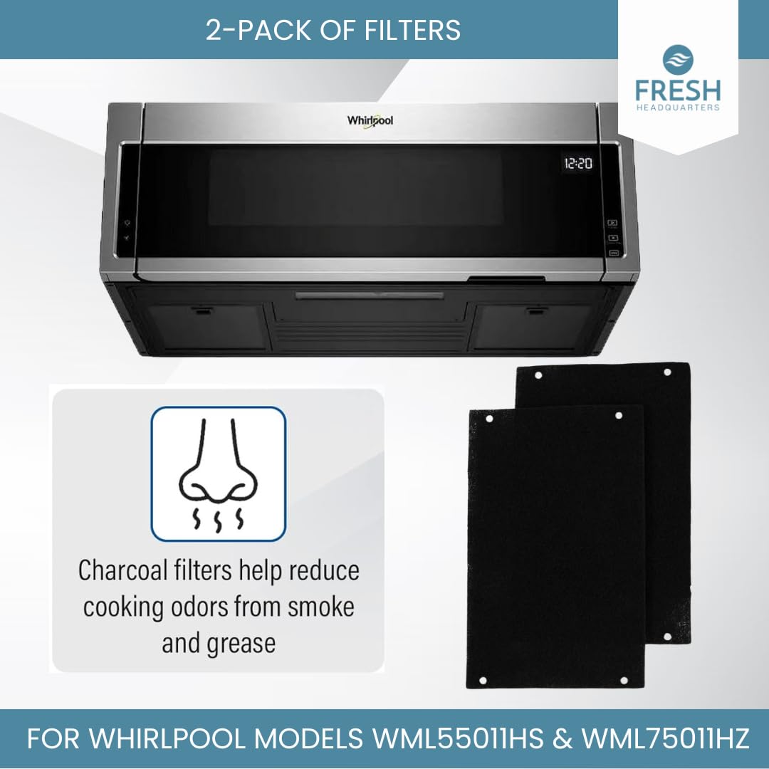 2 Pack Replacement Air Filters for Whirlpool Low Profile Microwave Oven β Activated Charcoal Filters for Over the Range Microwave Hood Models WML55011HS and WML75011HZ (Whirlpool 10.25"x7.125")