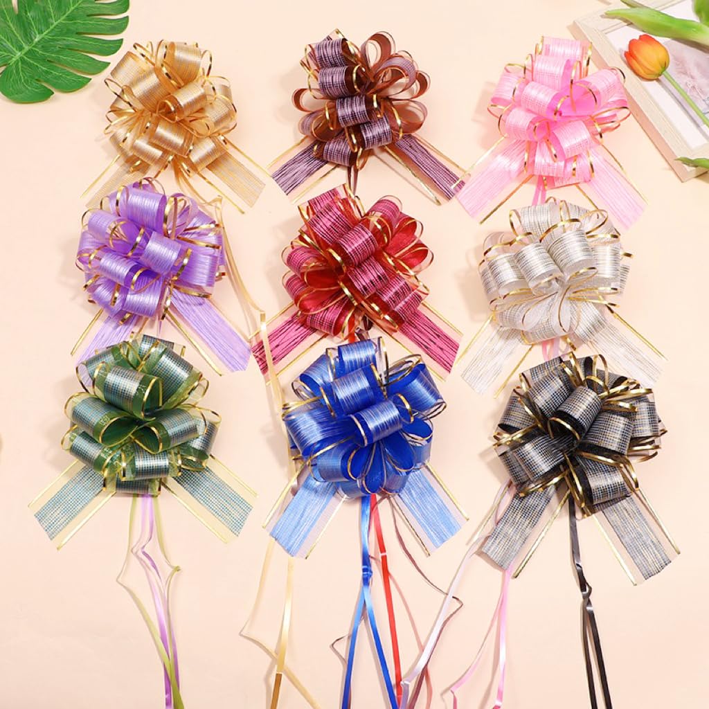 10PCS Gold Gift Bow for Gift Wrapping, 4 Inches Tree Bark Vein Grid Pattern Pull Bow, Flower Decoration for Christmas Presents and Basket, for Holiday Package Birthday(Gold)