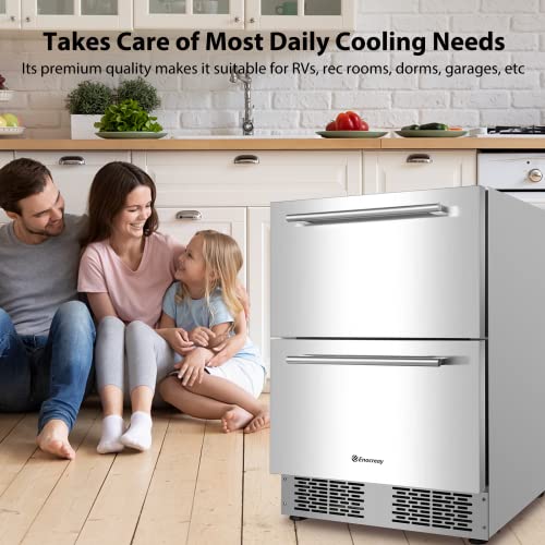 24 Inch Indoor Under Counter Drawer Fridge Stainless Steel Undercounter Refrigerator Freestanding Outdoor Fridge for Home Built-in Commercial Beverage Refrigerator with Dispenser and Digital Display