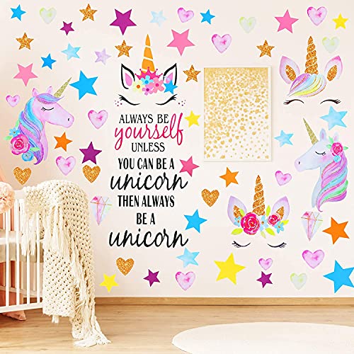 3 Sheets Unicorn Wall Decals Removable Unicorn Wall Stickers,Bring 100 Pcs Stars Noctilucent Stickers.Murals Decals for Wall Decorate Kids Bedroom Room Decoration