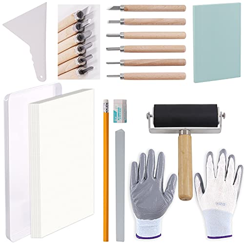 Rustark 24 Pieces Block Printing Starter Tool Kit with Whetstone, Stamp Block, Carving Tools, Tracing Papers,Pencil, Gloves,Eraser and Scrapper, Rubber Stamp Making Kit for Stamping and Printmaking