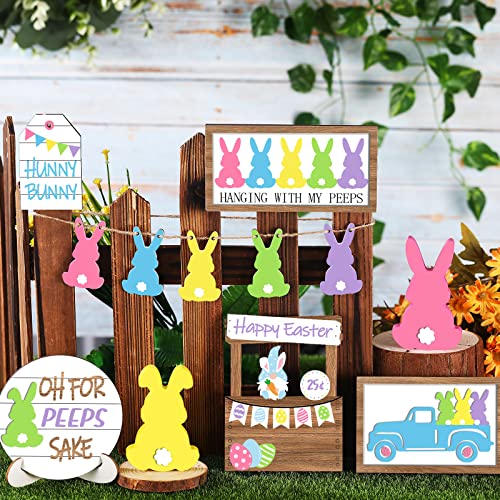 12 Pcs Easter Tiered Tray Decor Set Easter Bunny Wood Sign Rustic Farmhouse Decor Tiered Tray Decorative Trays Signs for Easter Table Holiday