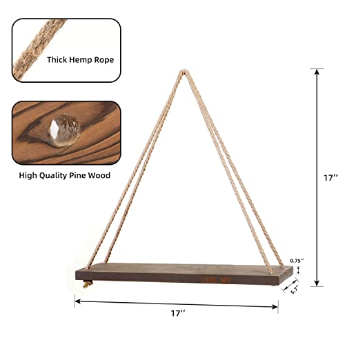 CORE ART Hanging Shelves for Wall Boho Window Plant Rope Shelves, Macrame Wall Hanging Shelf Wooden, Brown Rustic Set of 2