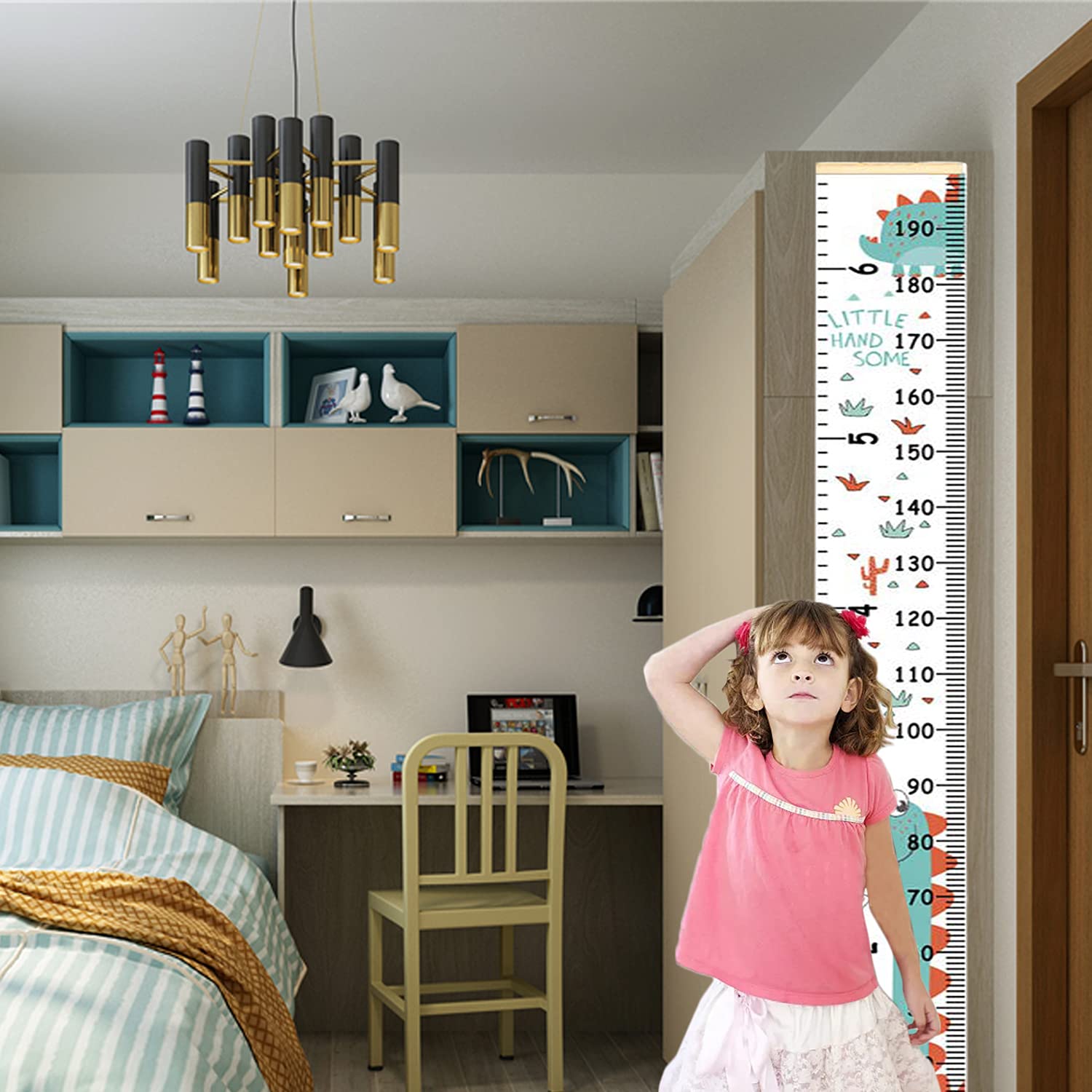 2 Pack Kids Baby Hanging Growth Chart,Hanging Ruler Wall Decor Ruler,Wood Frame Fabric Canvas Removable Height Measurement Ruler for Kids,Toddlers and Babies(Dinoaurs and Basic Styles)