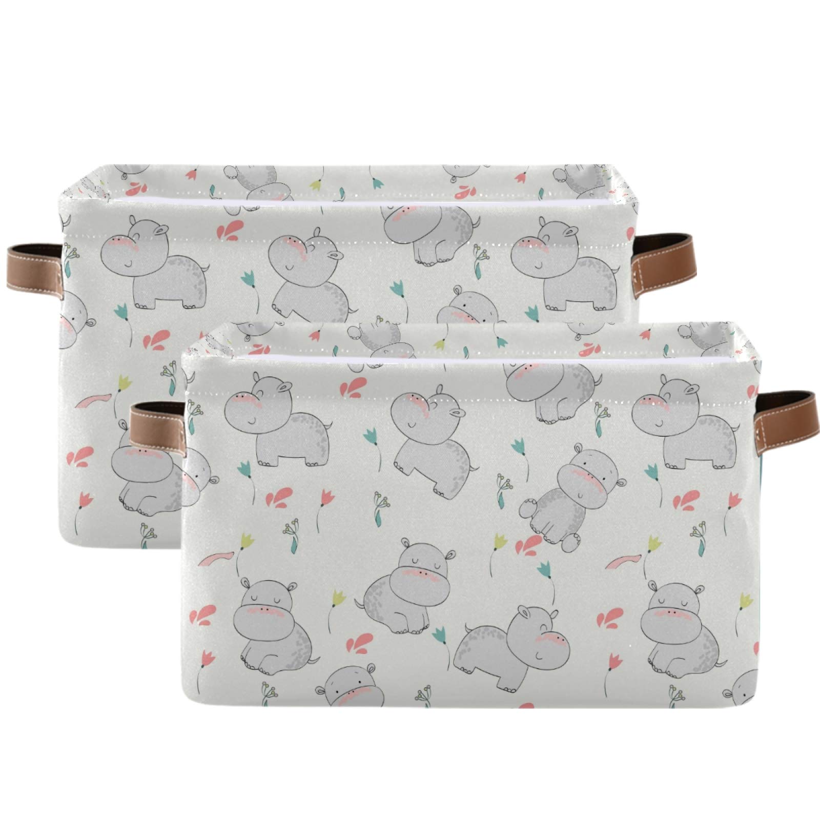 2 Pack Storage Basket Cute Hippo Collapsible Organizer Basket with PU Handles, Waterproof Nursery Basket Storage Bin for Shelves for Organizing Closet